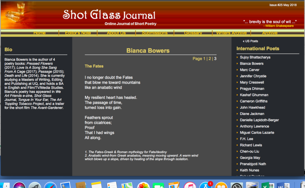 3 New Poems in Issue #25 Shot Glass Journal - Bianca Bowers